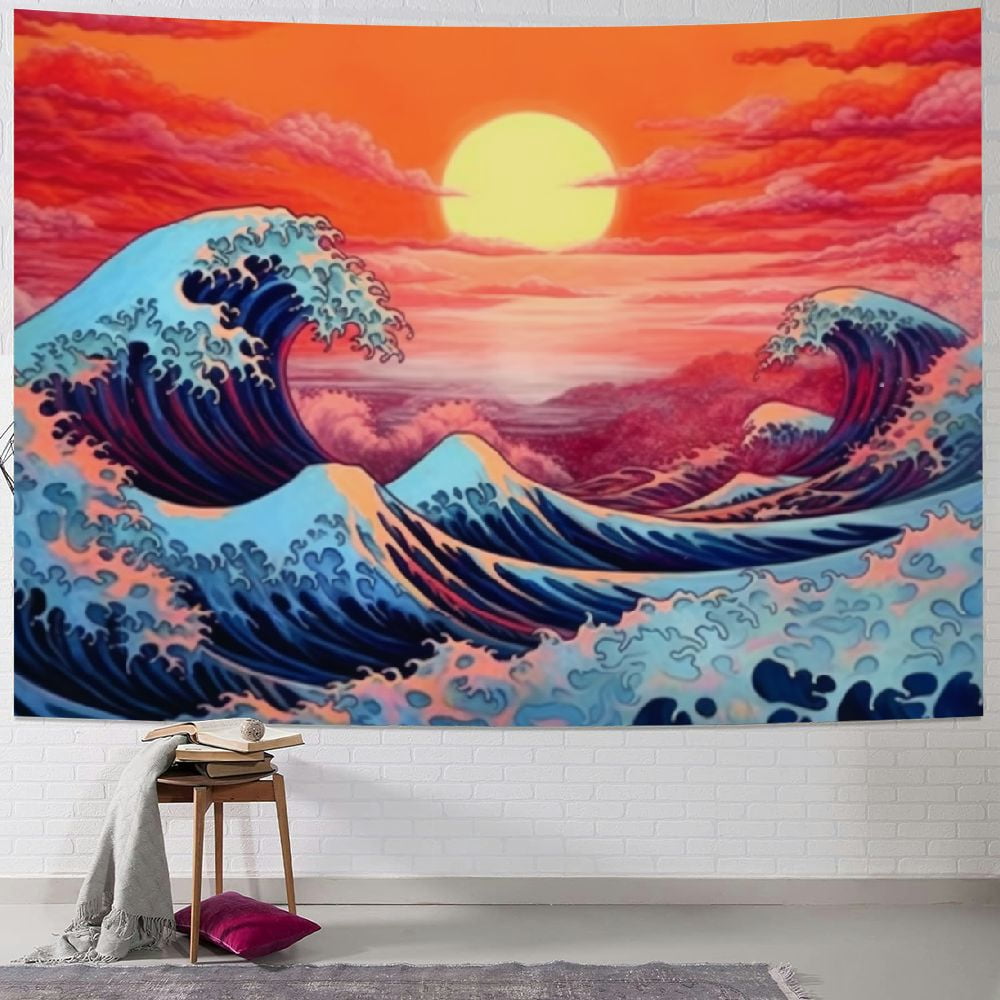 PRATYUS Ocean Wave Tapestry Wall Hanging, Colorful Sea with Sun Sunset ...
