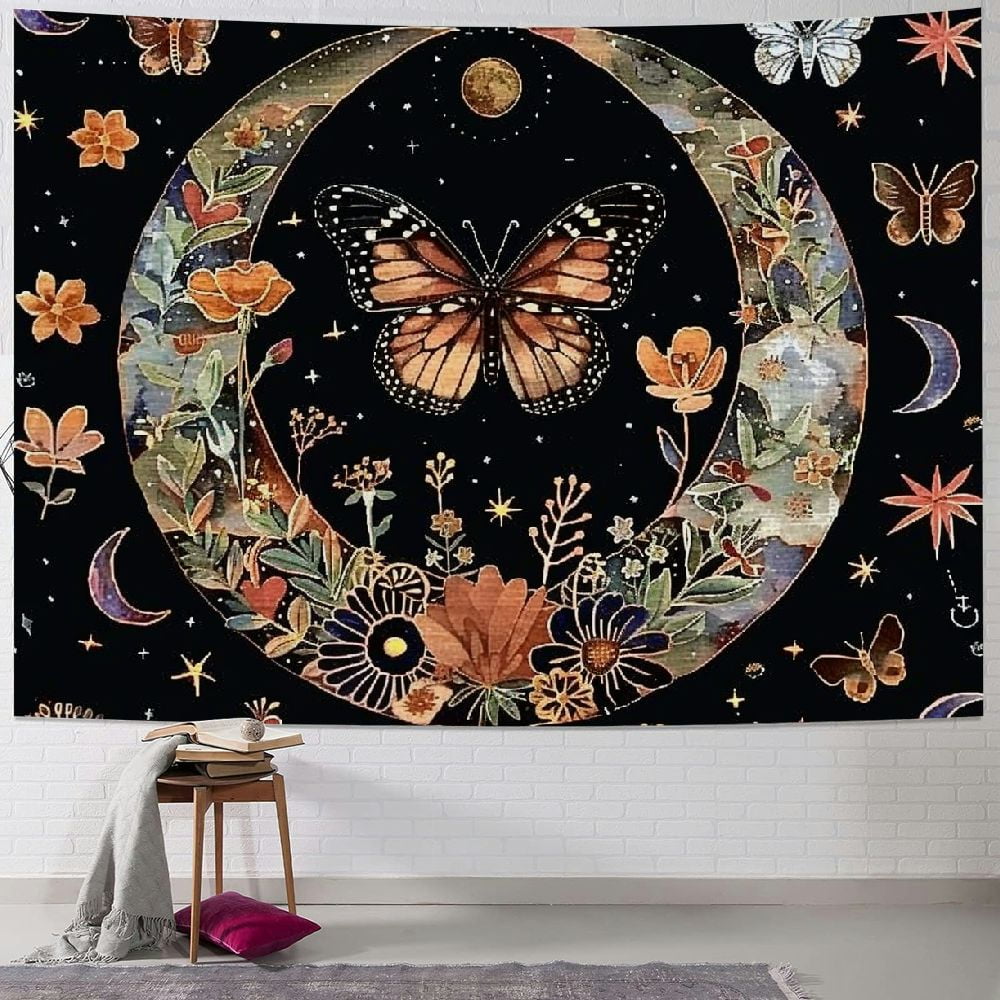 PRATYUS Orange Butterfly Moon Flower Tapestry Boho Floral Plant ...