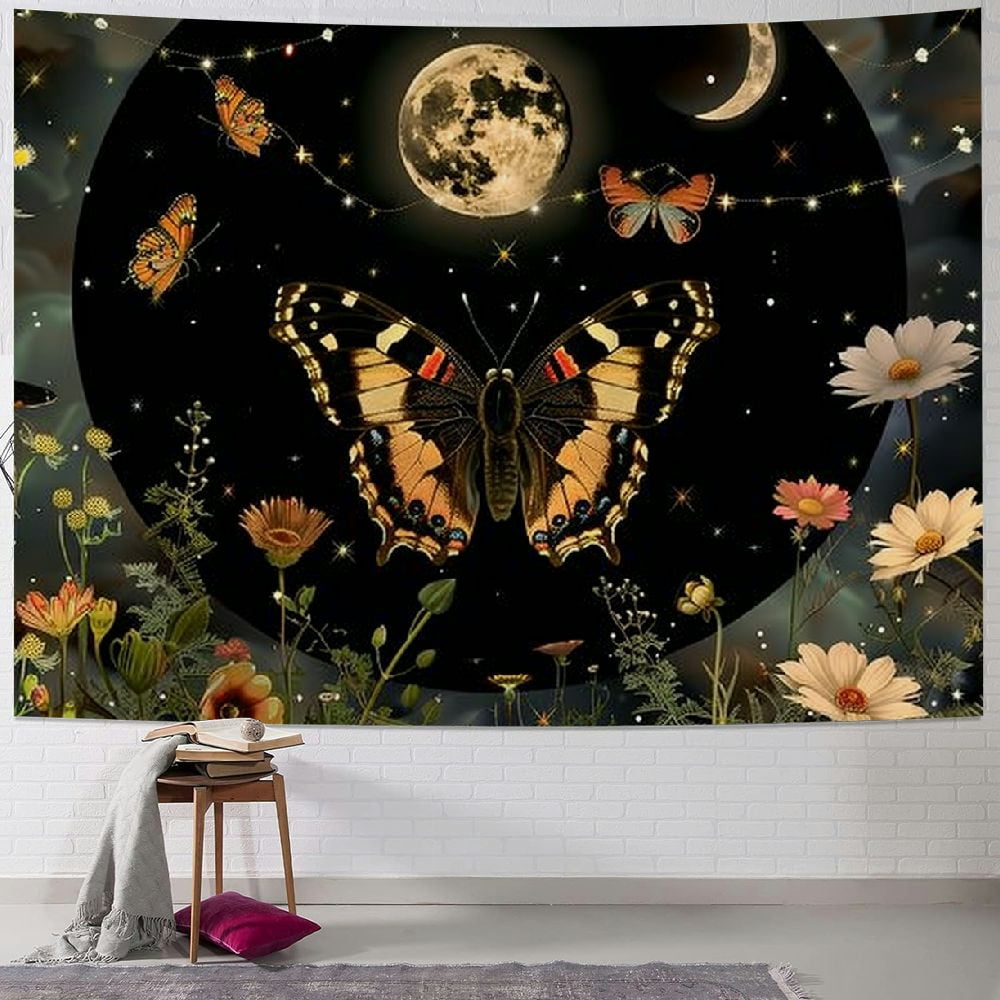 PRATYUS Orange Butterfly Moon Flower Tapestry Botanical Floral Plant ...