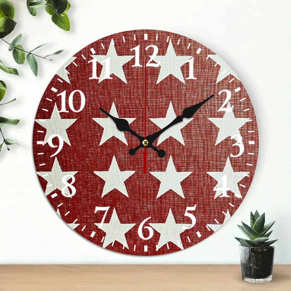 PRATYUS Red White Stars Round Wooden Wall Clock 10 Inch Silent Decor ...