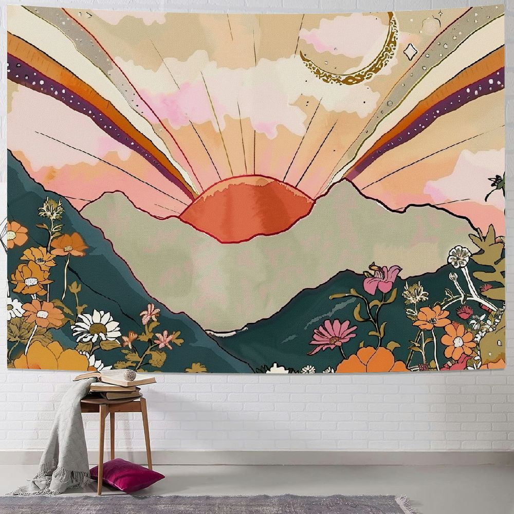 PRATYUS Retro 70s 60s Groovy Tapestry Vintage Flowers Sun Rainbow Wall ...