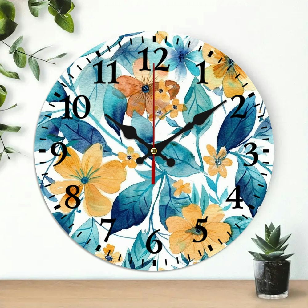 PRATYUS Round Wooden Wall Clock Flowers Leaves Watercolor Painting ...