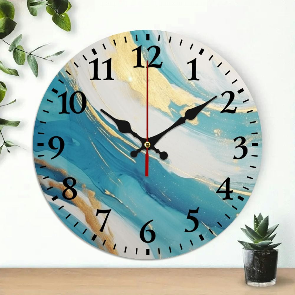 PRATYUS Round Wooden Wall Clock, Swirls Brush Strokes Print, Battery ...