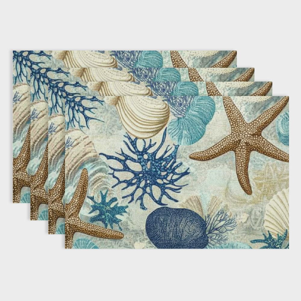 PRATYUS Sea Shells Starfish Ocean Table Decor Linen Placemat Set of 4 ...