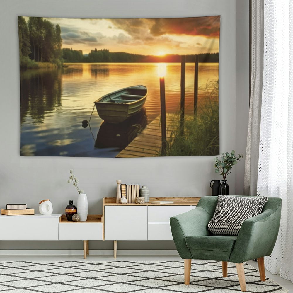 PRATYUS Seascape Tapestry, Boat at Lake Shore Wooden Pier Sunset ...