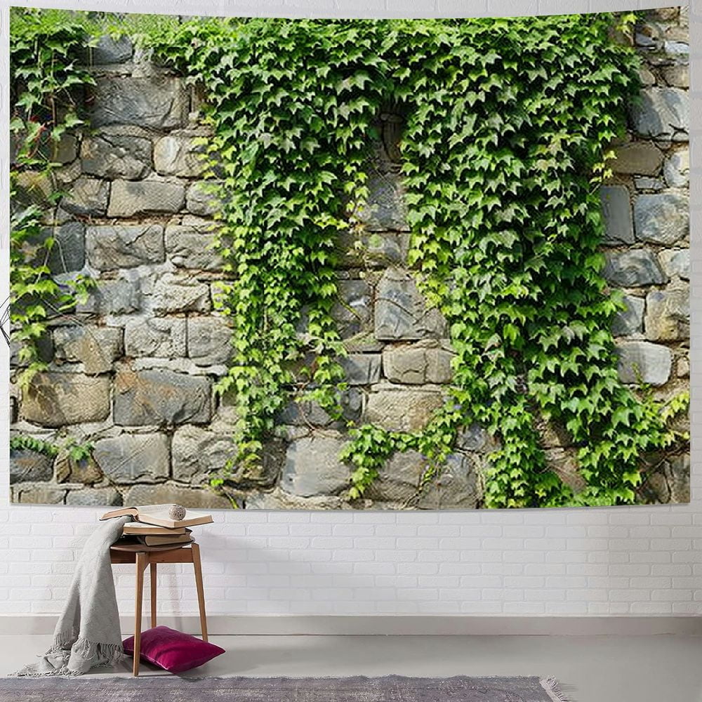 PRATYUS Stone Wall TapestrySpring Garden Green Leaves Tapestry Old ...