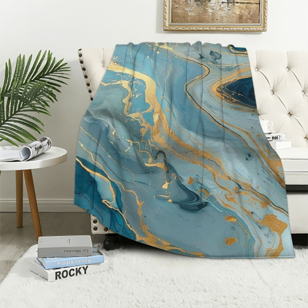 PRATYUS Summer Throw Blanket Turquoise Teal Blue Gold Marble Textured ...