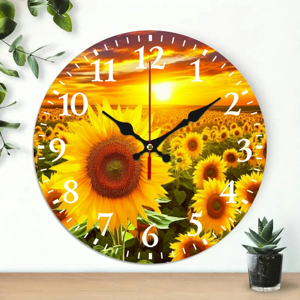PRATYUS Sunflowers Sunset Sky Theme Round Wooden Wall Clock 10 Inch ...