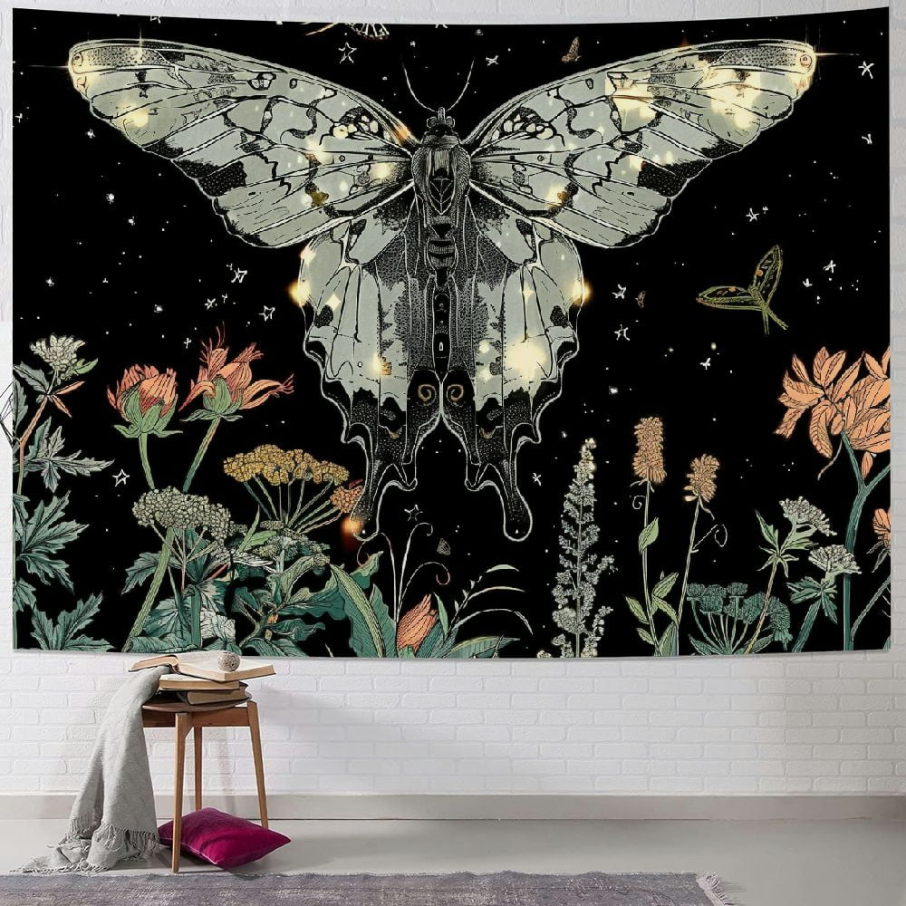 PRATYUS Trippy Witchy Vertical Tapestry, Black and White Moth Floral ...