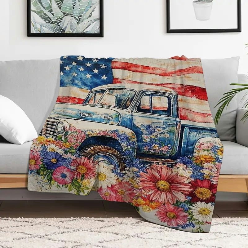 PRATYUS Truck Flowers Flag Fuzzy Fluffy Soft Cozy Flannel Blanket, Warm ...