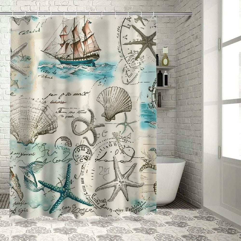 PRATYUS Vintage Nautical Shower Curtain Coastal Sailboat Compass Anchor ...