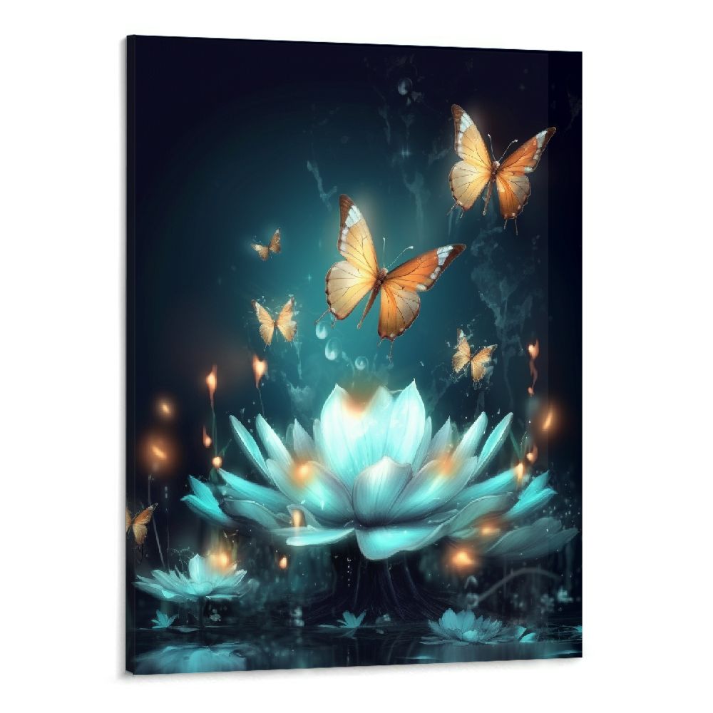 PRATYUS Water Lily Wall Art,Teal Butterflies Surround Water Lilies in ...