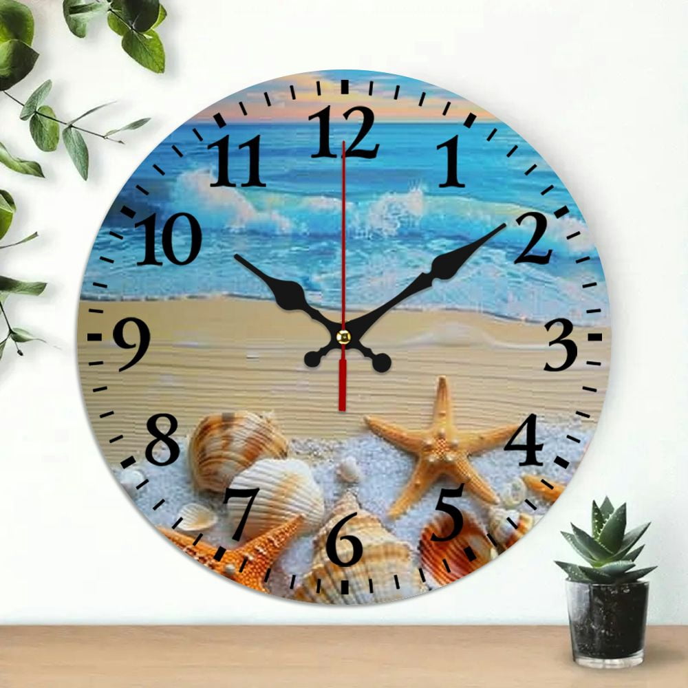 PRATYUS Wooden Wall Clock, Shells Starfish Beach Print, Battery ...