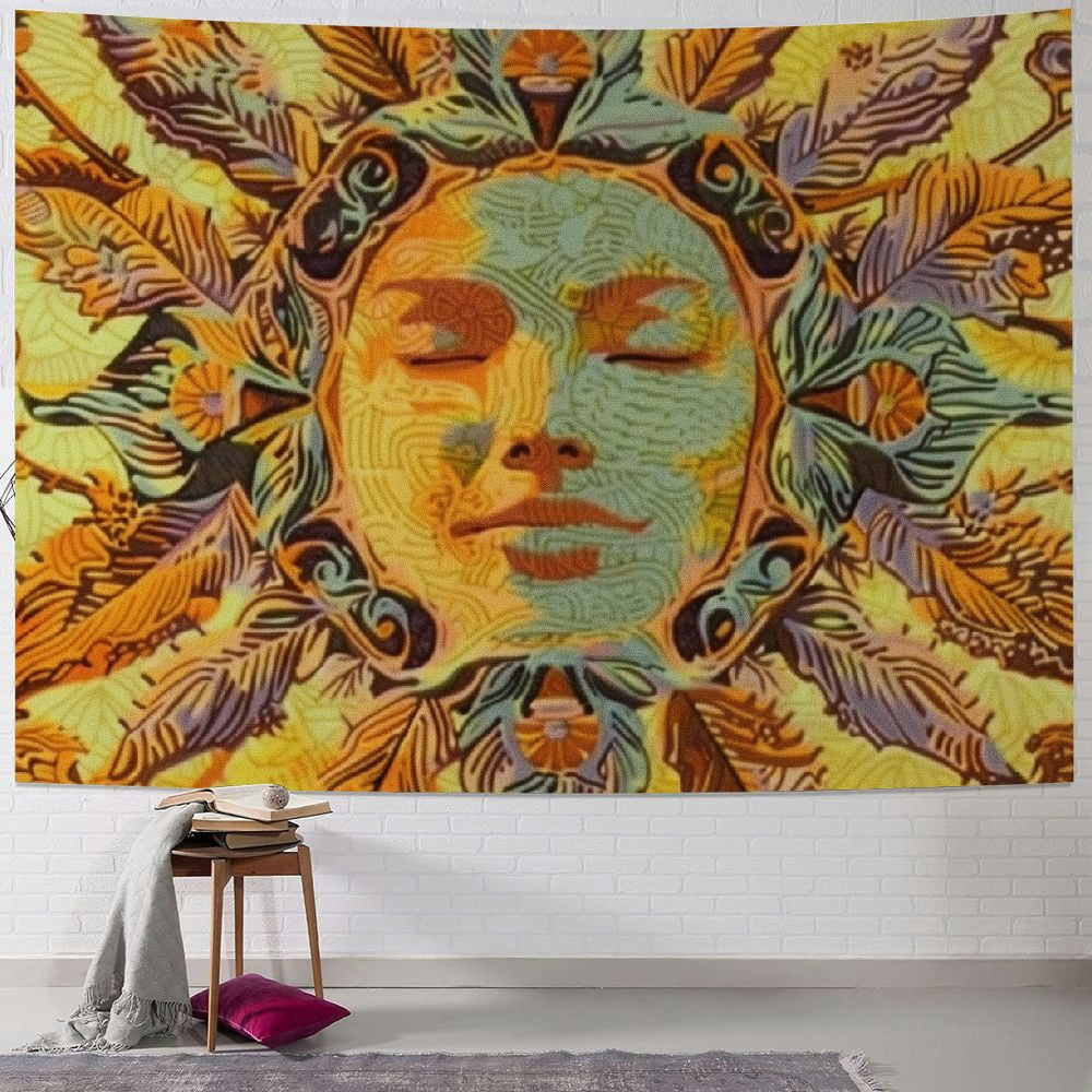 PRATYUS Yellow Sun and Moon Tapestry Jacquard Weave Vintage Indie Boho ...