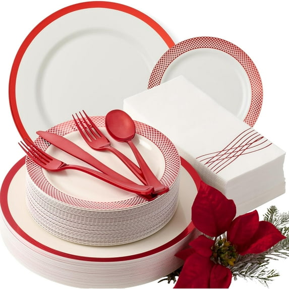 PREMIUM 175 Pc Holiday & Christmas Plastic Plates Set | Red Plastic ...