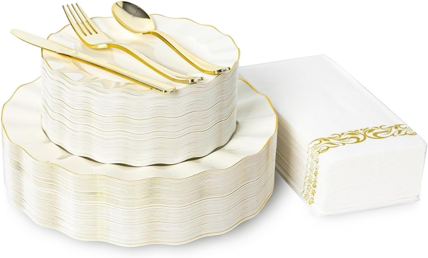 PREMIUM 180 Pcs Ivory Wave Plastic Plates with Gold Trim, Fancy ...