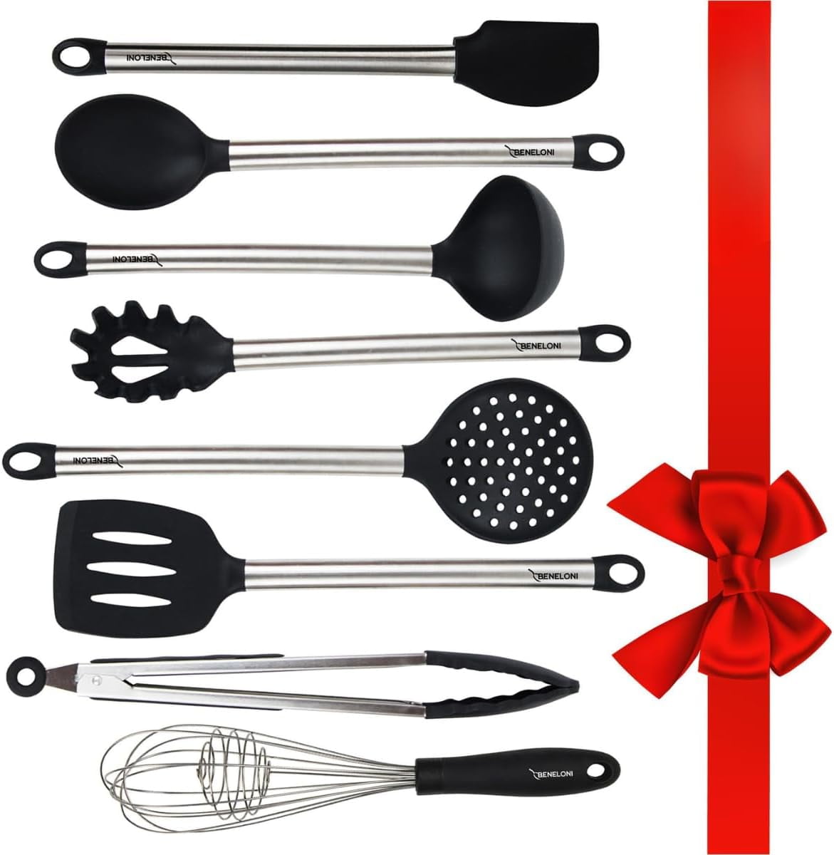 PREMIUM Silicone Kitchen Serving Utensil Set - Stainless Steel Metal ...