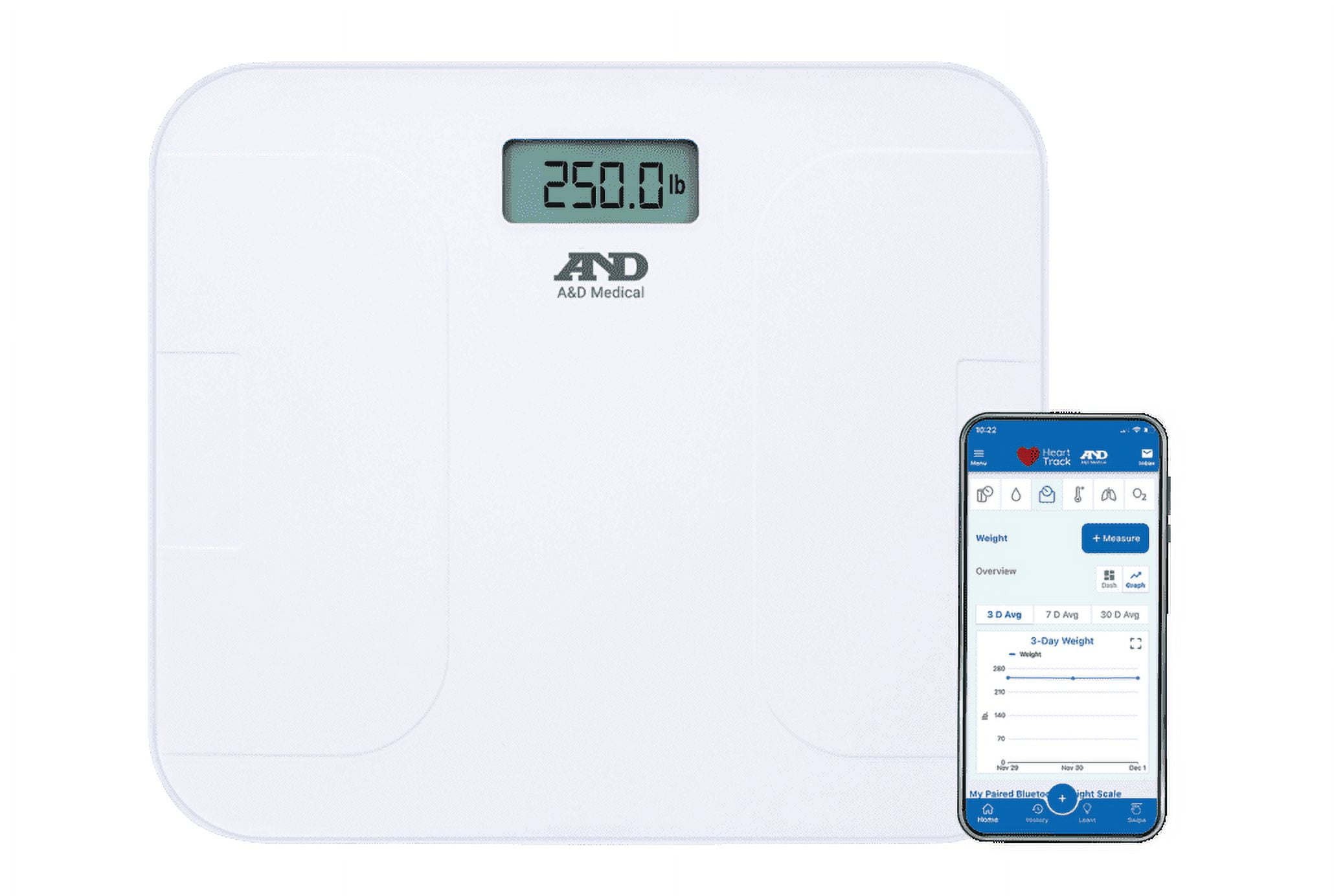 A&D Medical Premium+ Wireless Wide Base Weight Scale, Bluetooth Smart, 550 lb Capacity, UC ...