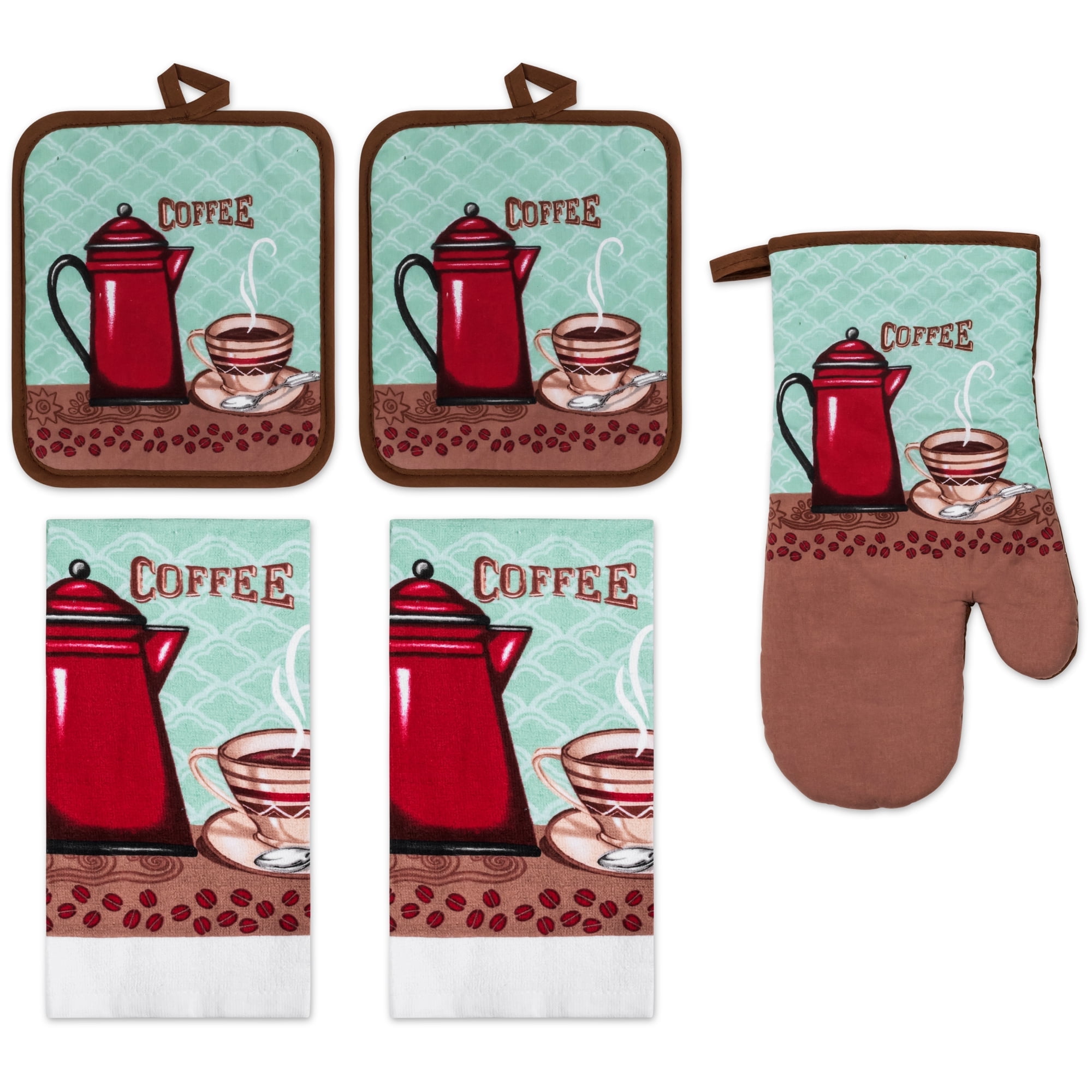 PREMIUS 5 Piece Printed Kitchen Linen Set, Coffee Cup, 2 Cotton Towels ...