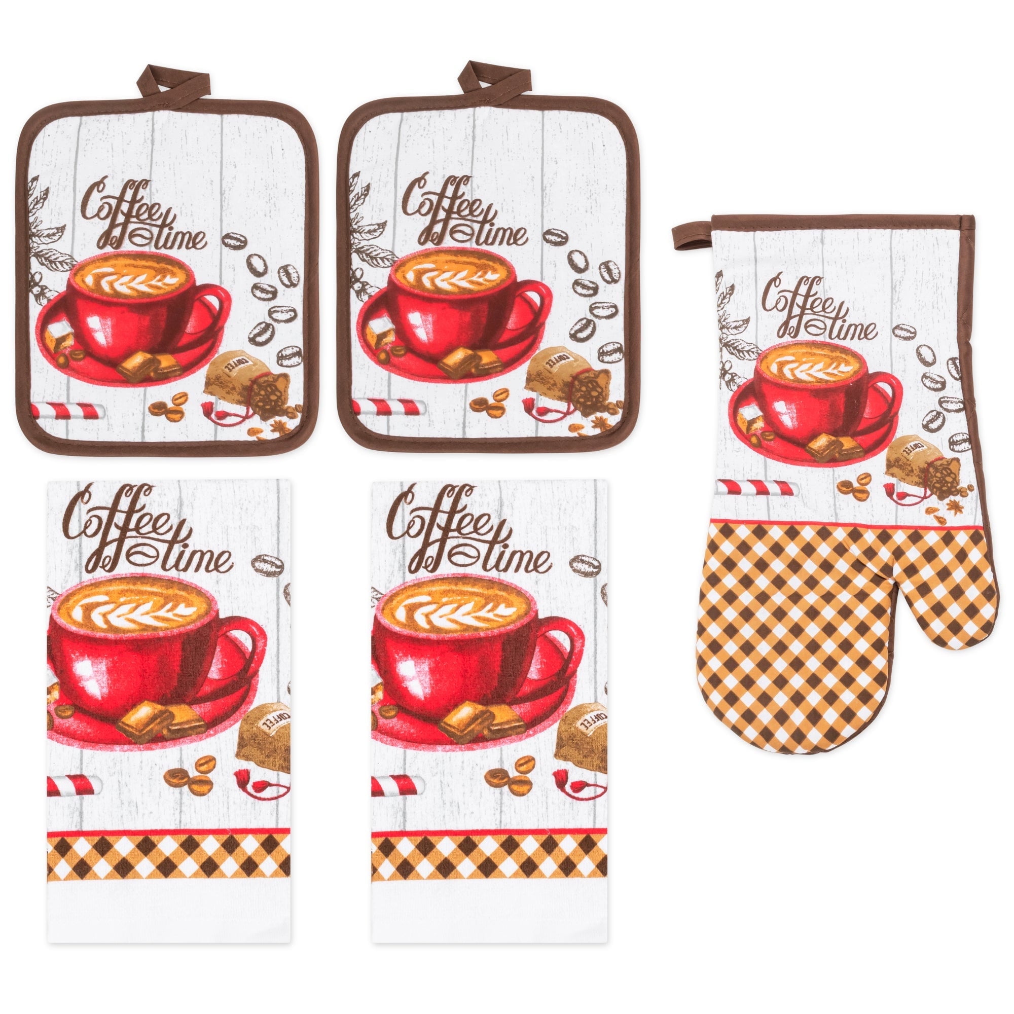 PREMIUS 5 Piece Printed Kitchen Linen Set, Coffee Time, 2 Cotton Towels ...