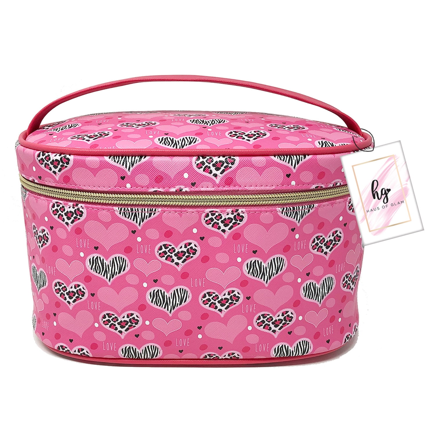 PREMIUS Cosmetic bag with Top Handle & Gold Metal Zipper, Cheetah Heart ...