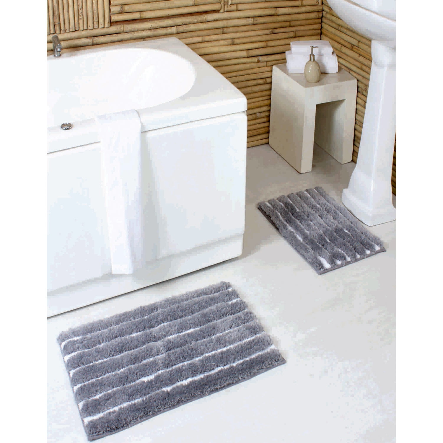 PREMIUS Emma 2 Piece Striped Fur Bath Rug Set, Gray-White - Walmart.com