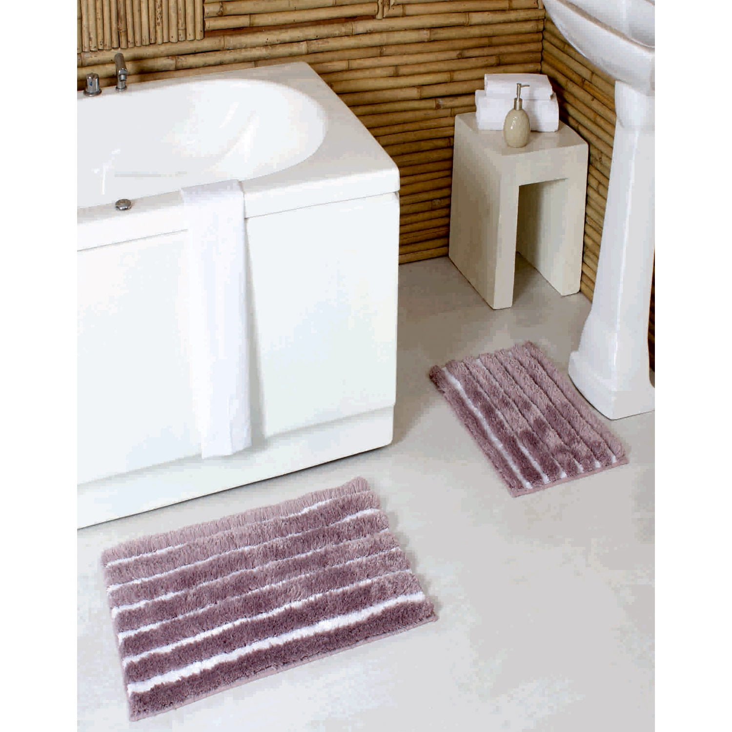 PREMIUS Emma 2 Piece Striped Fur Bath Rug Set, Rose-White - Walmart.com