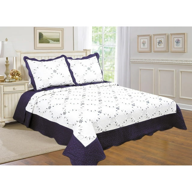 PREMIUS Reversible Quilt Set, Bordered Embroidered Floral, White-Navy ...