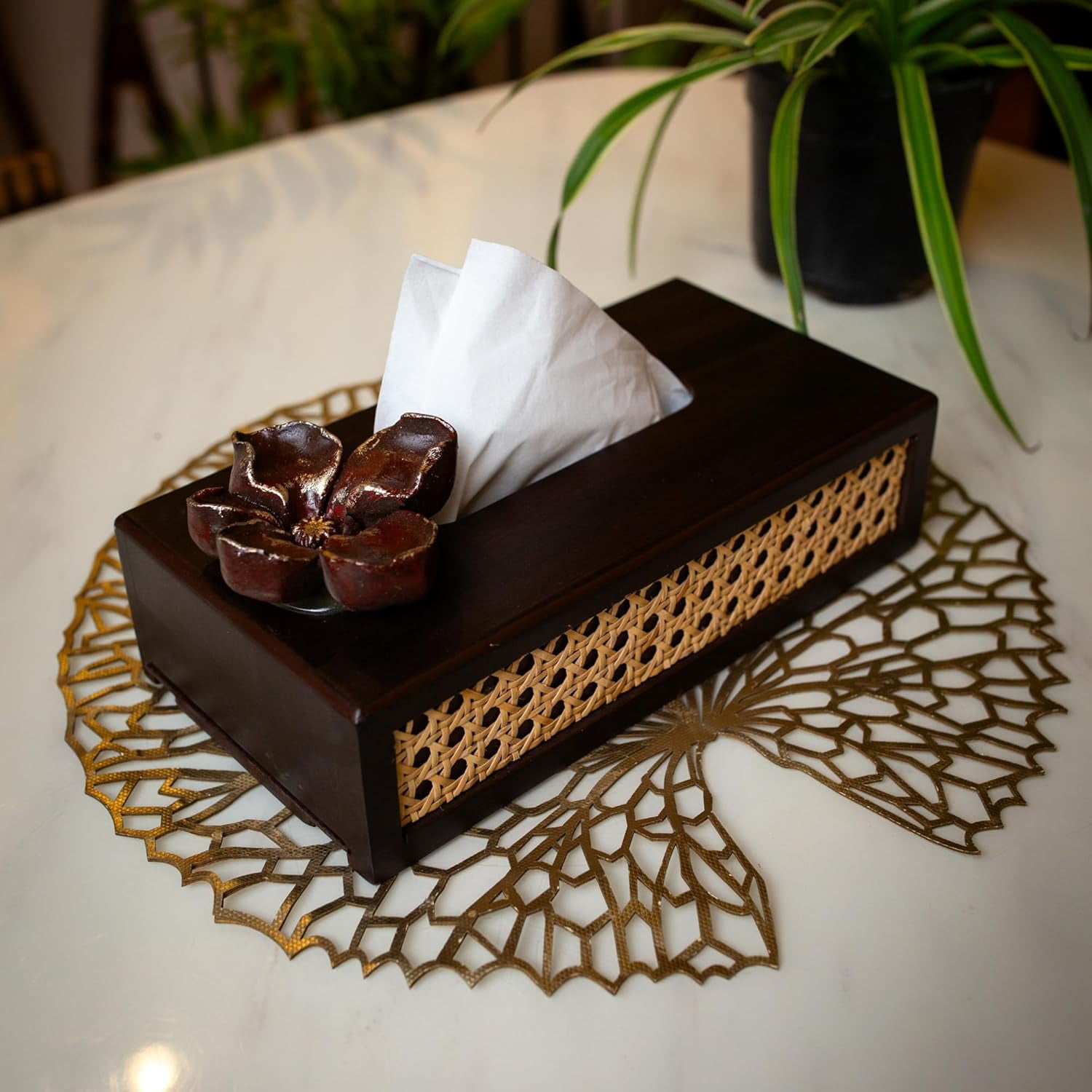 PRET HOMES Designer Rattan Jute Tissue Box Holder for Cotton Rags Tissue Handcrafted MDF Wood ...