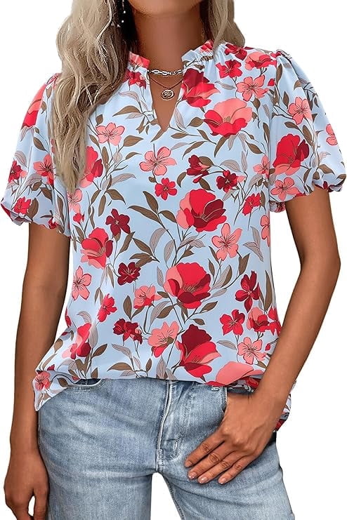 PRETTYGARDEN Boho Short Sleeve Floral Work Blouses for Women Dressy ...