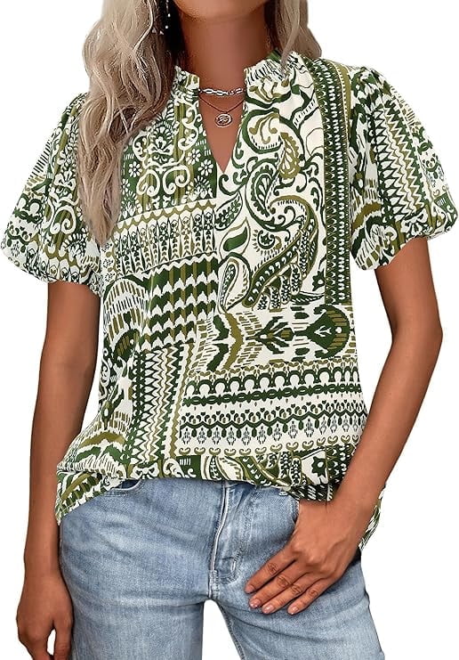 PRETTYGARDEN Boho Short Sleeve Floral Work Blouses for Women Dressy ...