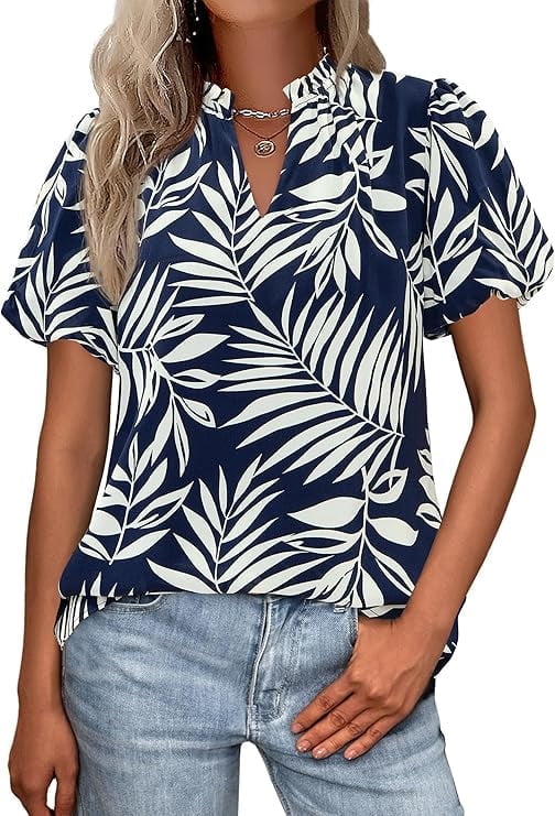 PRETTYGARDEN Boho Short Sleeve Floral Work Blouses for Women Dressy ...