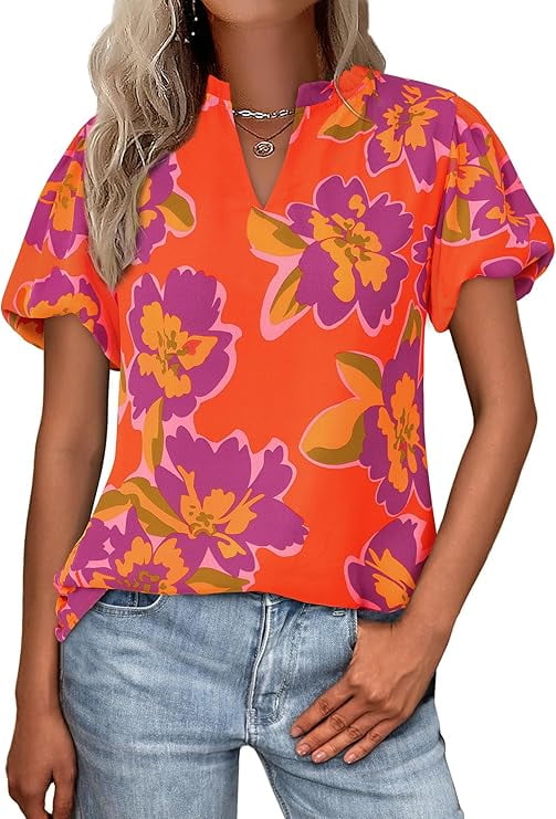 PRETTYGARDEN Boho Short Sleeve Floral Work Blouses for Women Dressy ...