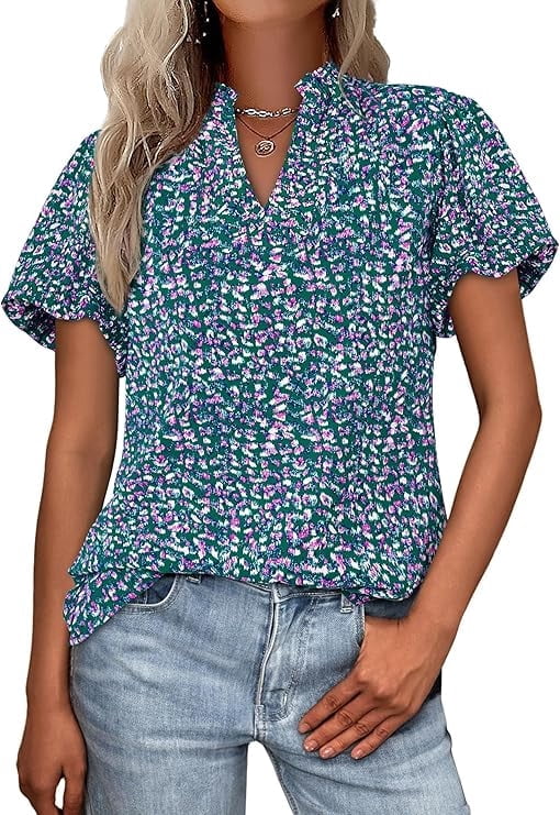 PRETTYGARDEN Boho Short Sleeve Floral Work Blouses for Women Dressy ...
