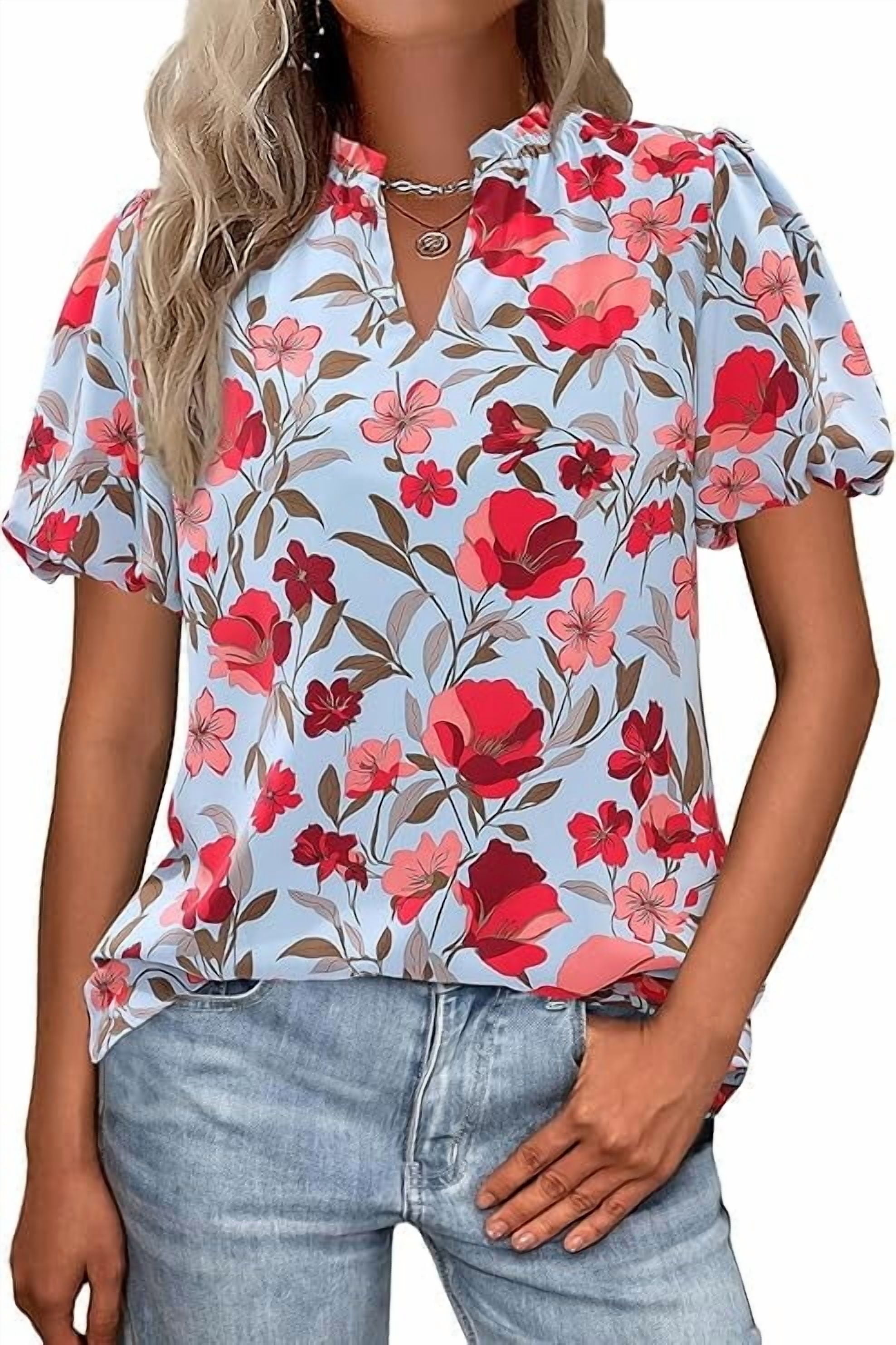 PRETTYGARDEN Boho Short Sleeve Floral Work Blouses for Women Dressy ...