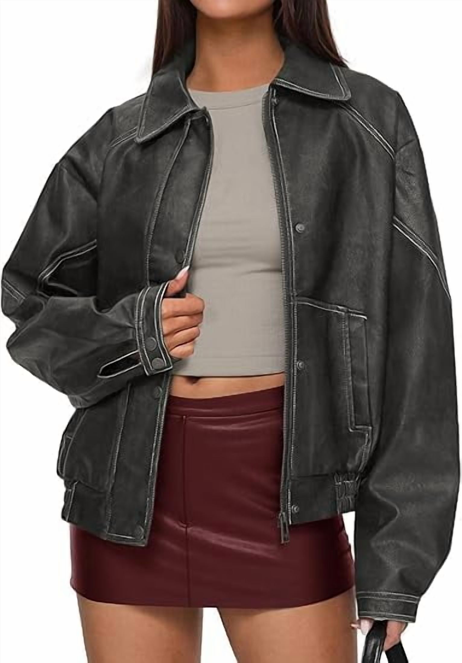 PRETTYGARDEN Faux Leather Jacket Women Bomber Motorcycle Zip Up Jackets Oversized Fall Fashion ...
