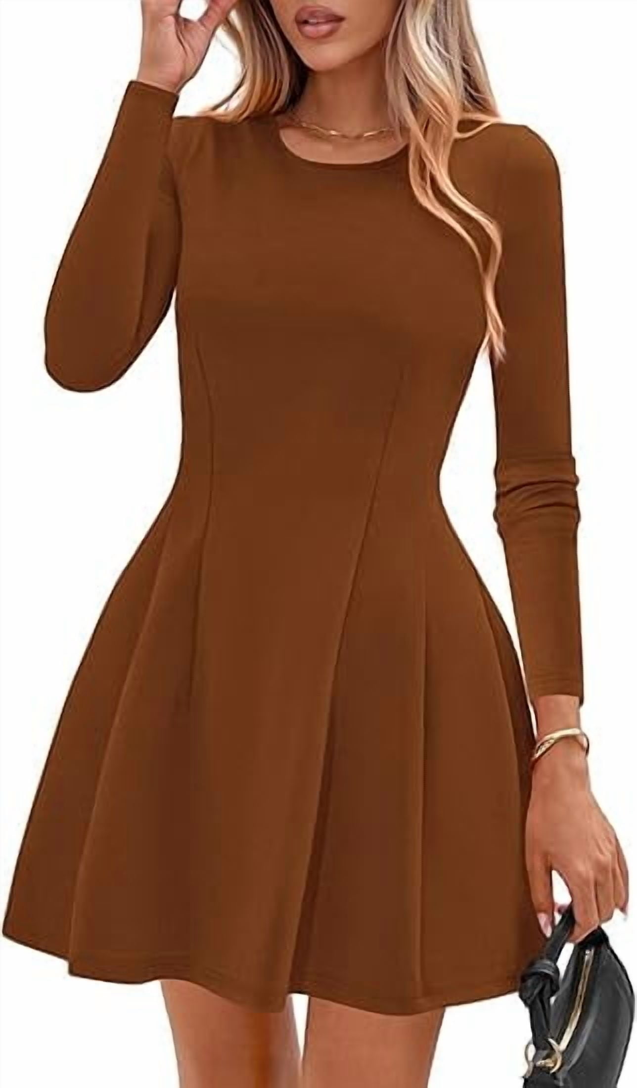 PRETTYGARDEN Long Sleeve Mini Dress for Women Fall Crewneck Knit Pleated Babydoll A Line Soft ...