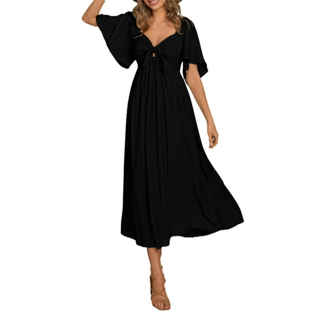 PRETTYGARDEN Summer Dress for Women Casual Short Sleeve Bow Tie V Neck ...