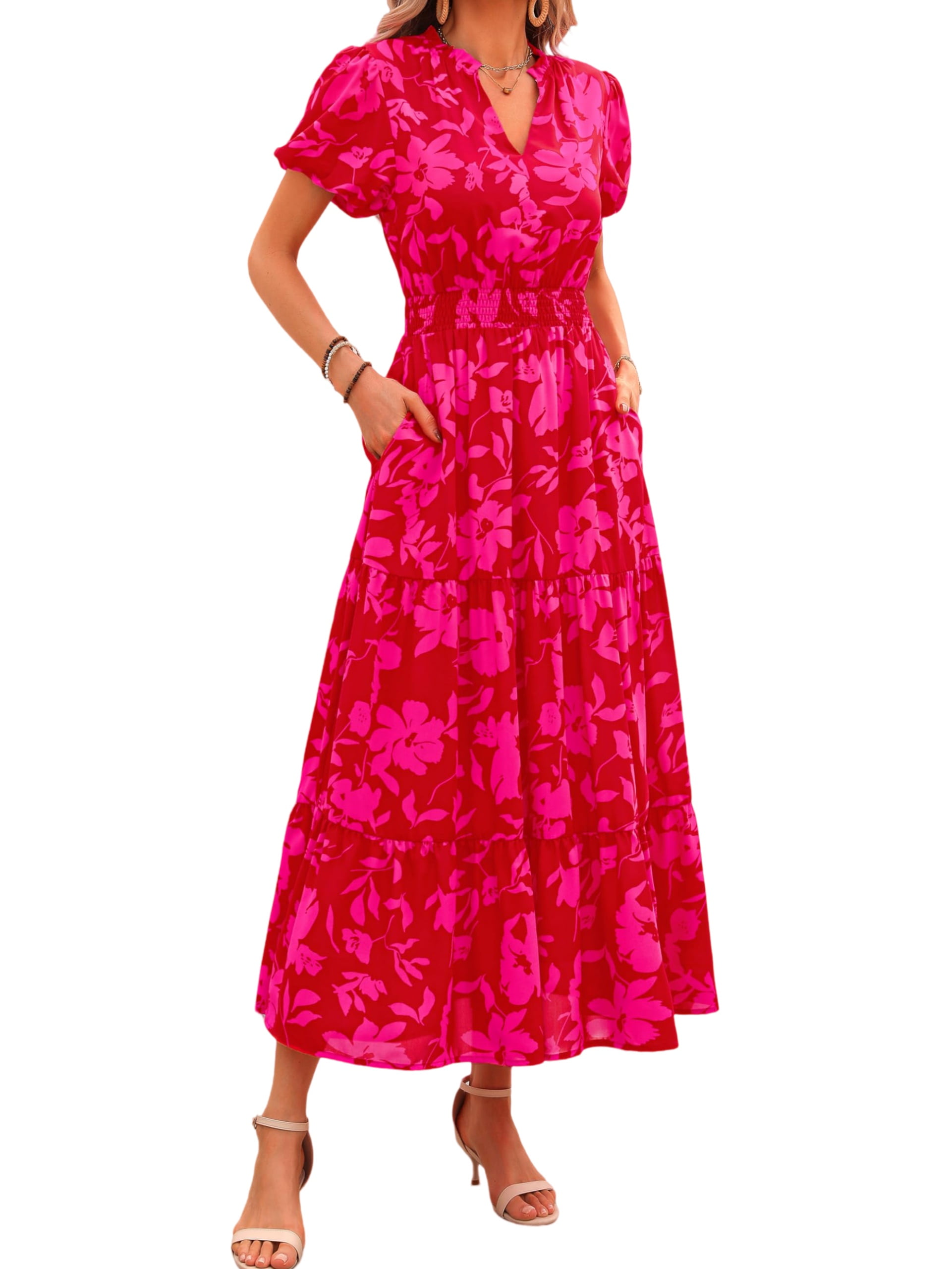PRETTYGARDEN Summer Maxi Dress, V Neck, Puff Sleeve, Smocked Waist ...