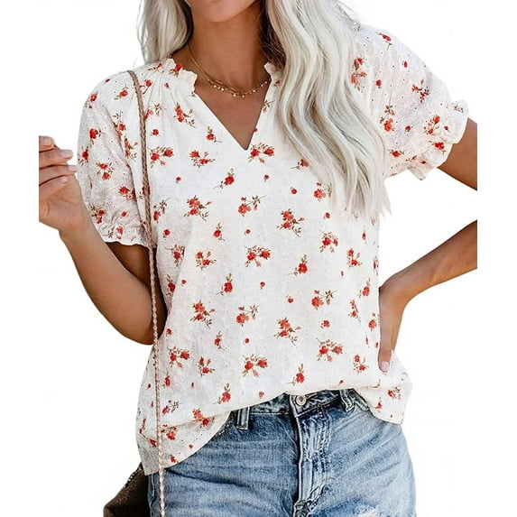 PRETTYGARDEN Summer Short Sleeve V Neck Shirts for Women Trendy Floral ...