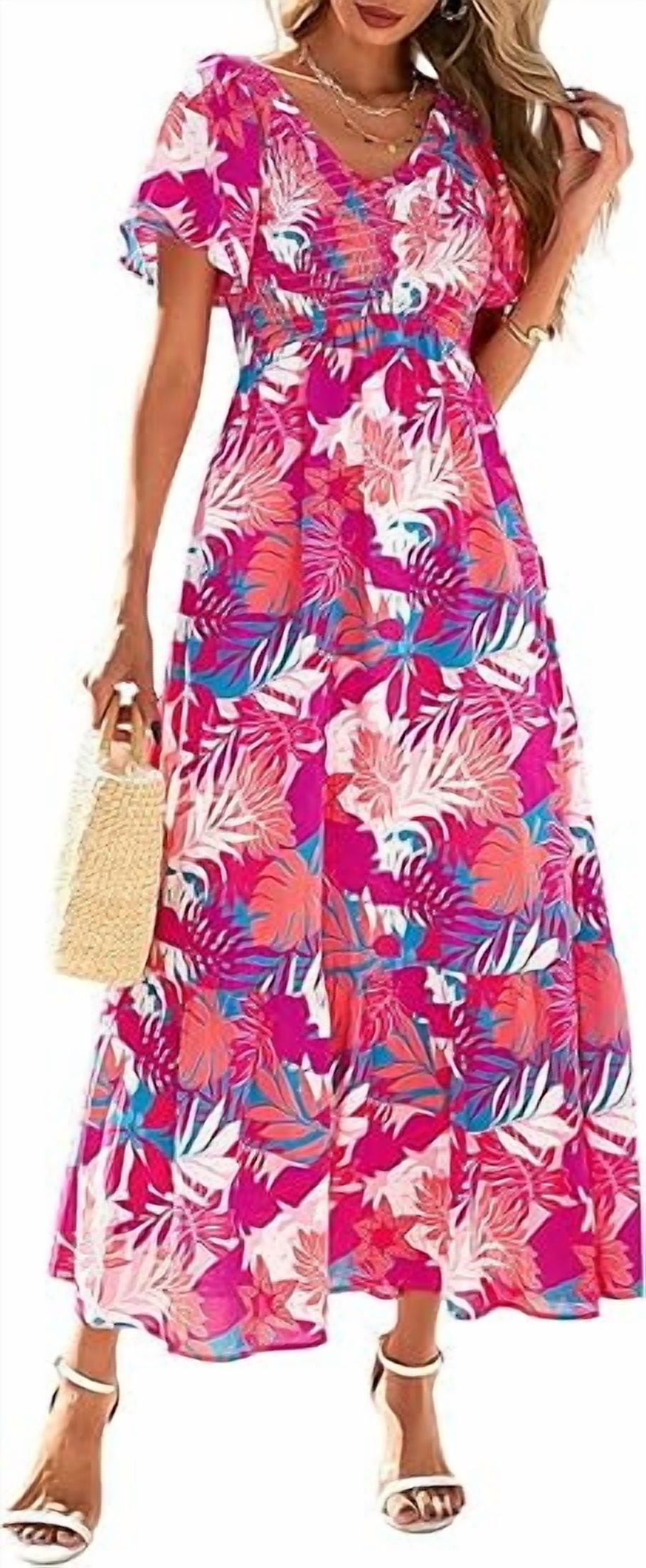 PRETTYGARDEN Women Floral Boho Maxi Dresses Summer Short Sleeve V Neck ...