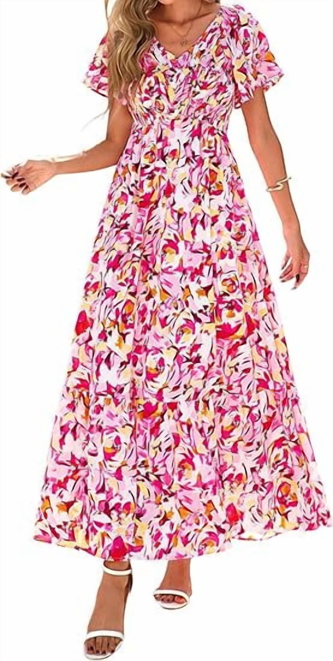 PRETTYGARDEN Women Floral Boho Maxi Dresses Summer Short Sleeve V Neck ...