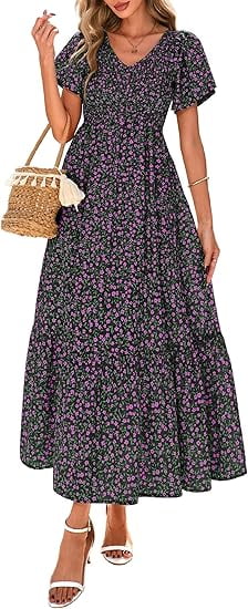 PRETTYGARDEN Women Floral Boho Maxi Dresses Summer Short Sleeve V Neck ...