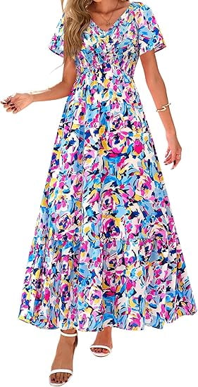 PRETTYGARDEN Women Floral Boho Maxi Dresses Summer Short Sleeve V Neck ...