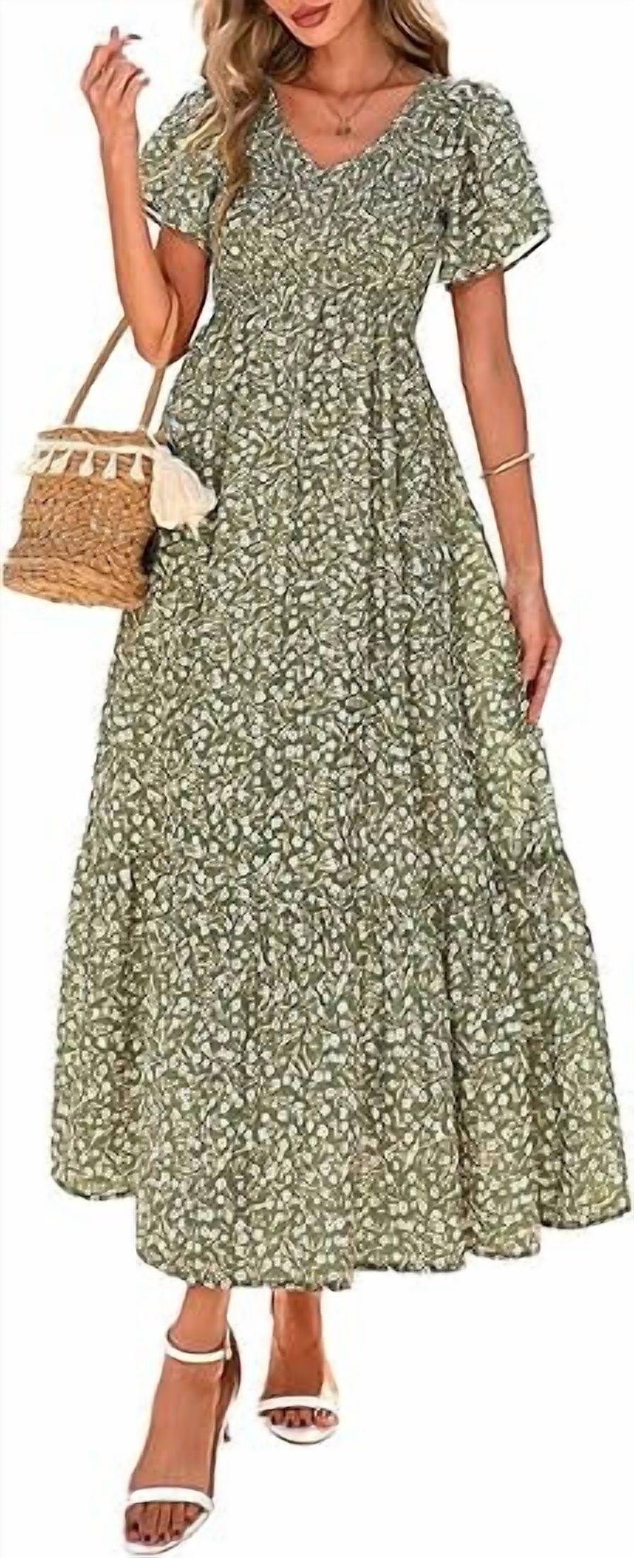 PRETTYGARDEN Women Floral Boho Maxi Dresses Summer Short Sleeve V Neck ...