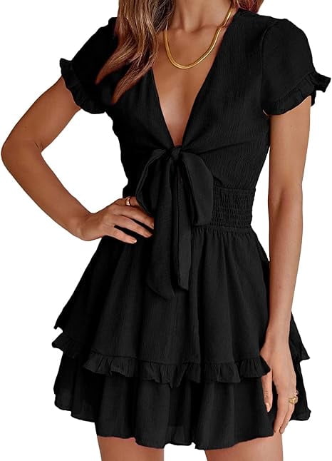 PRETTYGARDEN Women Summer Short Dress V Neck Short Sleeve Tiered Mini ...