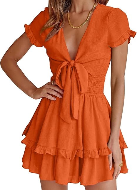 PRETTYGARDEN Women Summer Short Dress V Neck Short Sleeve Tiered Mini ...