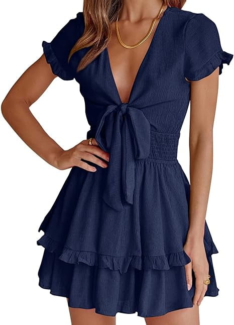 PRETTYGARDEN Women Summer Short Dress V Neck Short Sleeve Tiered Mini ...