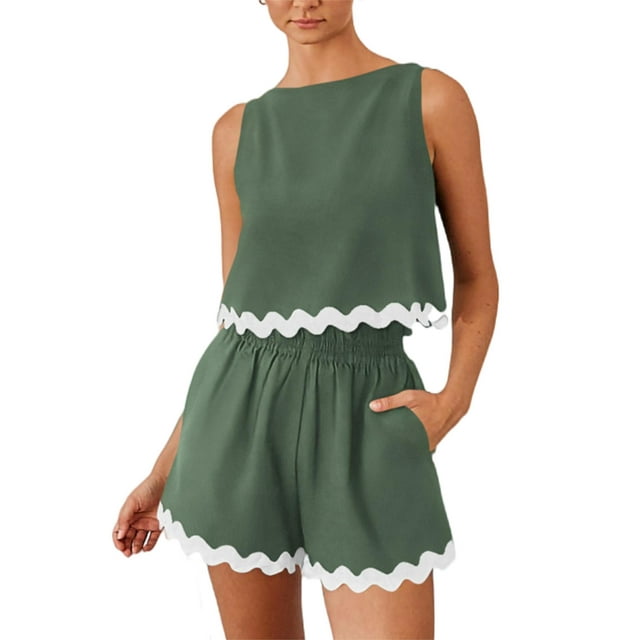 PRETTYGARDEN Women's 2 Piece Beach Vacation Outfits Casual Cropped Tank Top High Waist Shorts ...