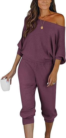 PRETTYGARDEN Women's 2 Piece Ribbed Tracksuit Outfits Off Shoulder Long ...